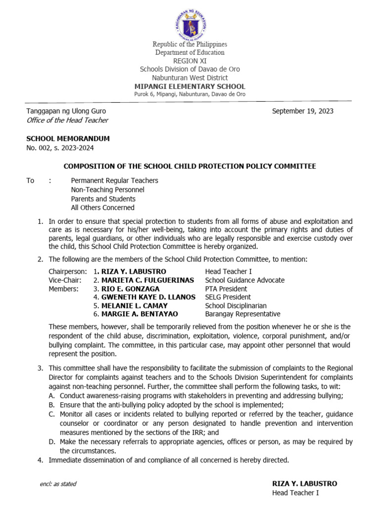 School Child Protection Committee Memo | PDF | Child Protection | Teachers