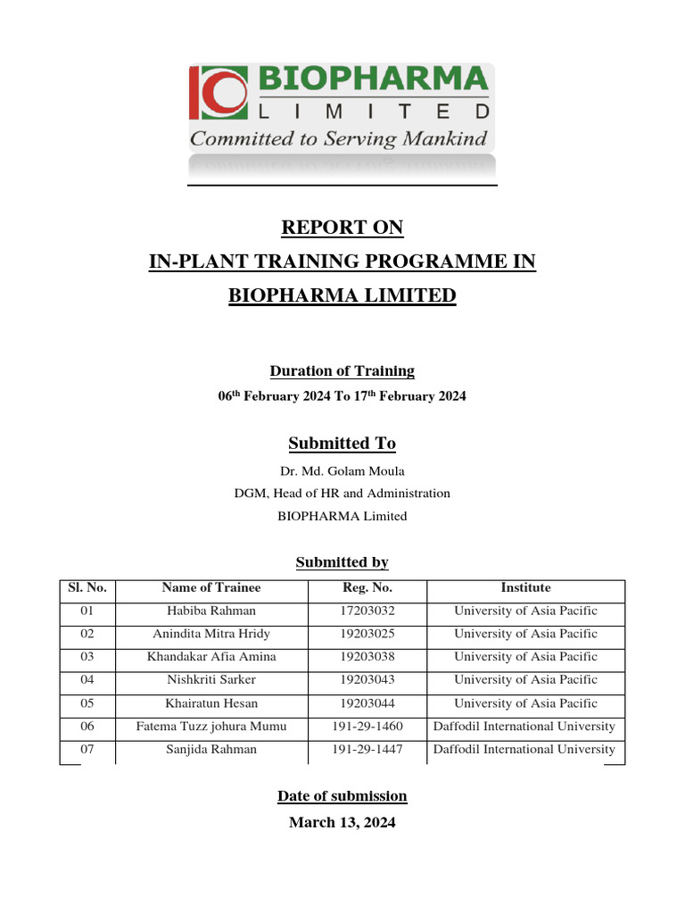 Report On in Plant Training Final | PDF | Tablet (Pharmacy)