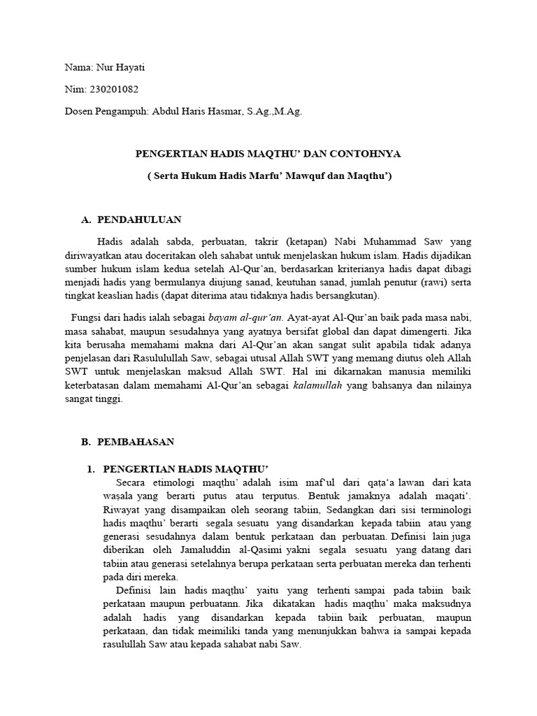 Hadis Maqthu’: Pengertian dan Contoh | PDF