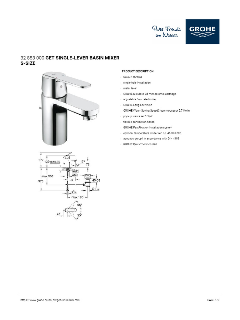 GROHE GET Specification Sheet 32883000 | PDF