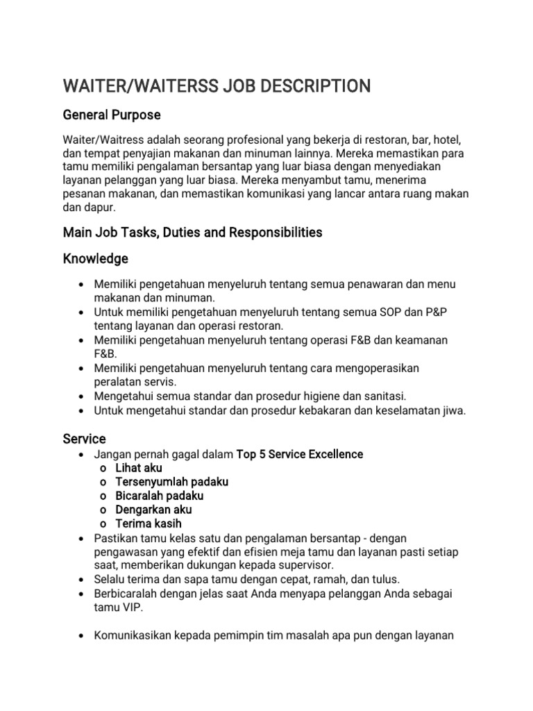 Waiter, Waitress Job Description (Bahasa) | PDF