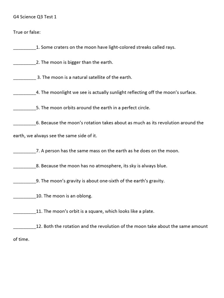 G4 Science Moon Test Questions | PDF | Moon | Earth