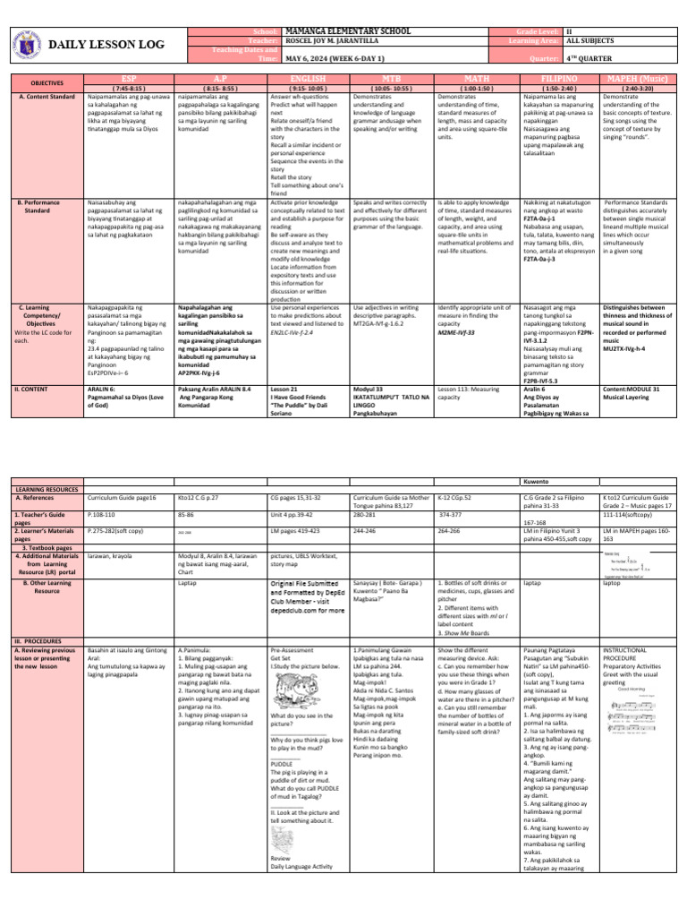 DLL - All Subjects 2 - Q4 - W6 - D1 | PDF