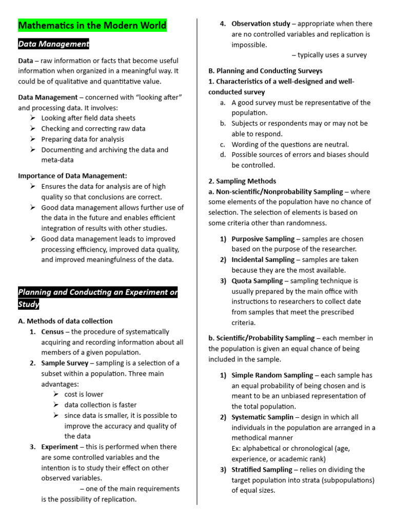 MMW QuizReviewer | PDF | Sampling (Statistics) | Experiment