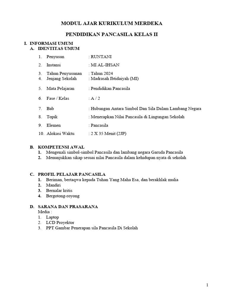 Modul Ajar PKN Kelas 2 Runtani Fiks | PDF | Karier & Perkembangan