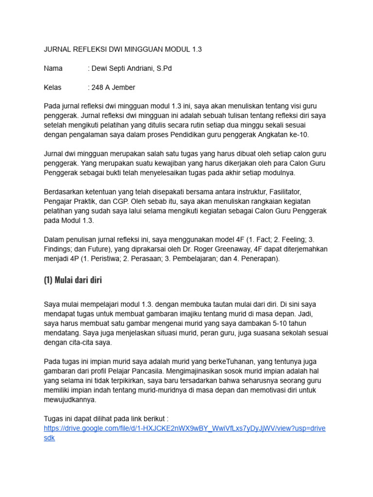 JURNAL REFLEKSI DWI MINGGUAN MODUL 1.3 - Dewi Septi | PDF | Karier & Perkembangan