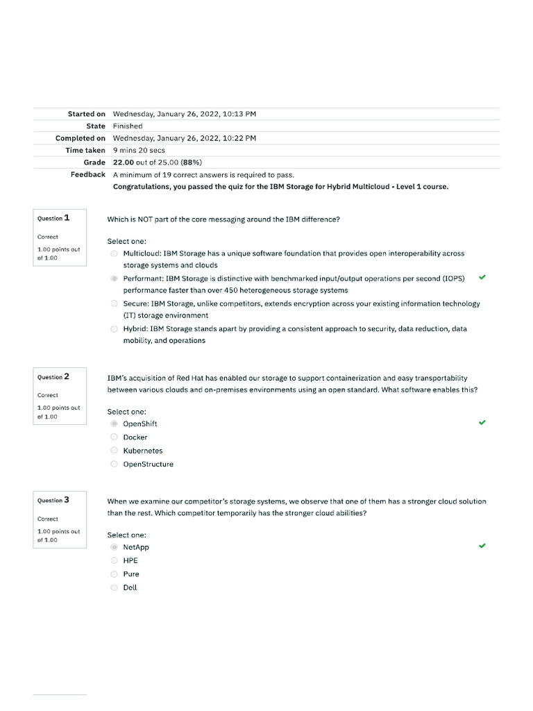 IBM Storage For Hybrid Cloud Level1 - Quiz | PDF | Cloud Computing | Computer Data Storage