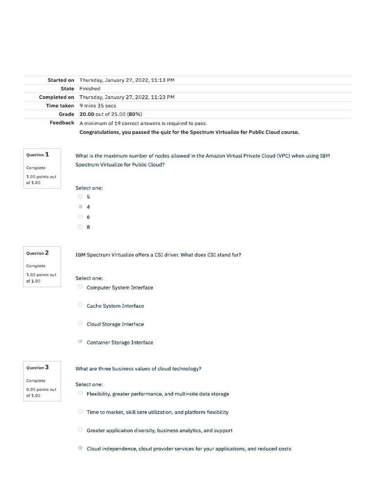 IBM Spectrum Virtualize For Public Cloud - Level 2 Quiz | PDF | Cloud Computing | Virtualization