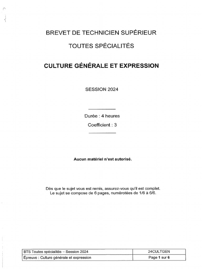 BTS 2024 - Sujet Culture Générale Et Expression | PDF