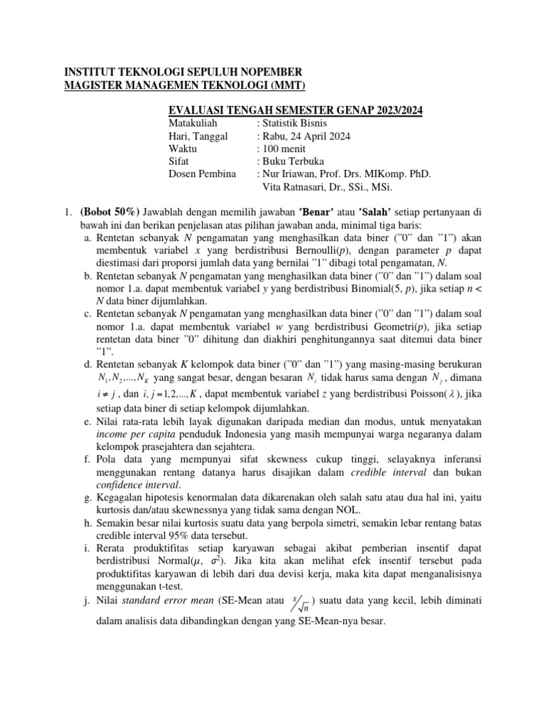 UTS Stat-Bisnis MMT - Genap 2023-2024 | PDF | Metode & Bahan Ajar