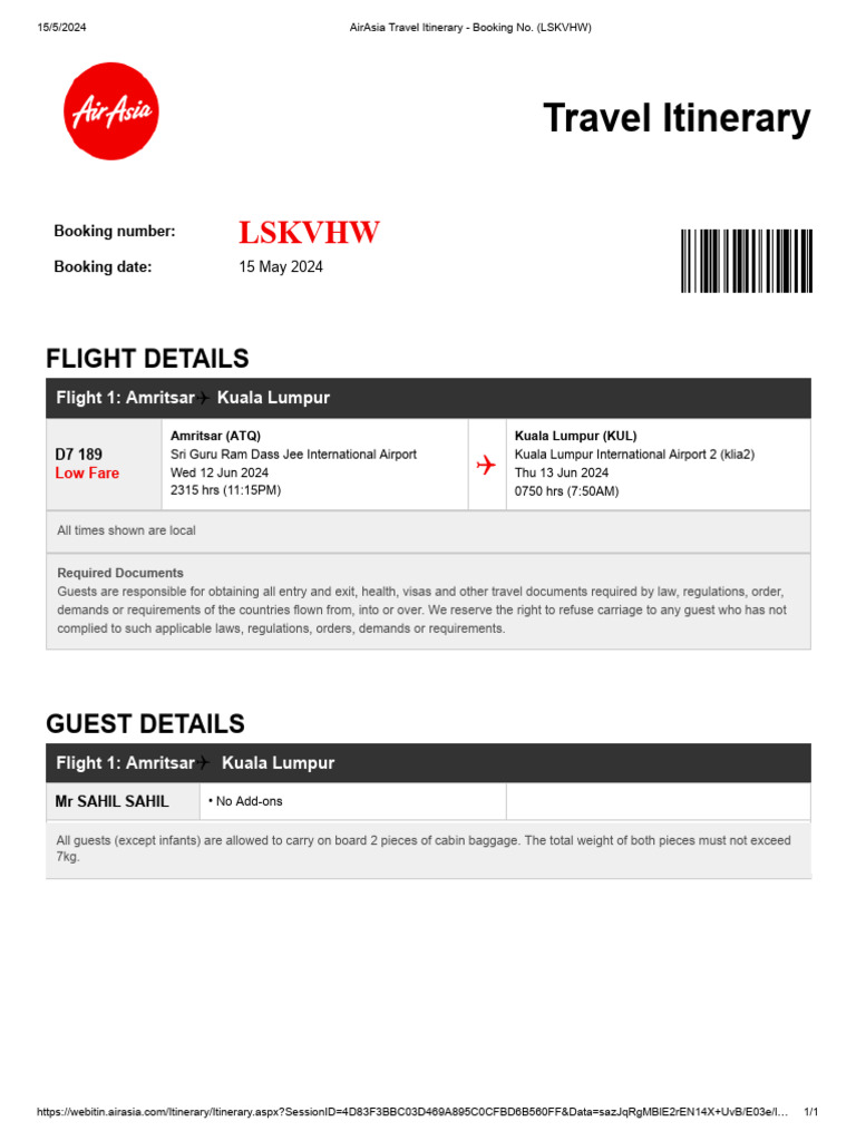 AirAsia Travel Itinerary - Booking No. (LSKVHW) | PDF