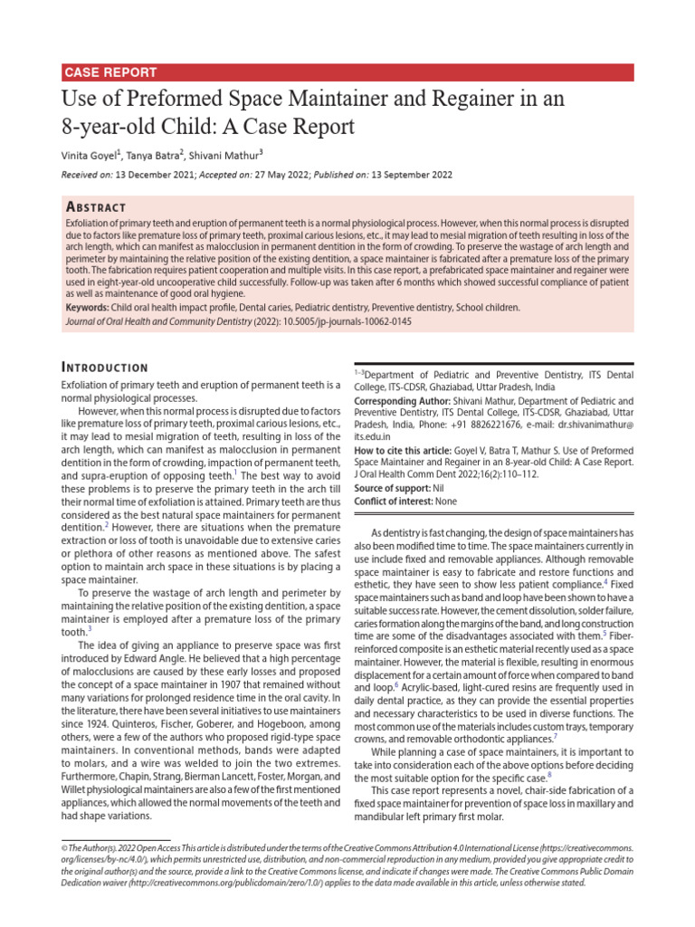 Pediatric Space Maintainer Case Study | PDF | Dentistry | Human Tooth