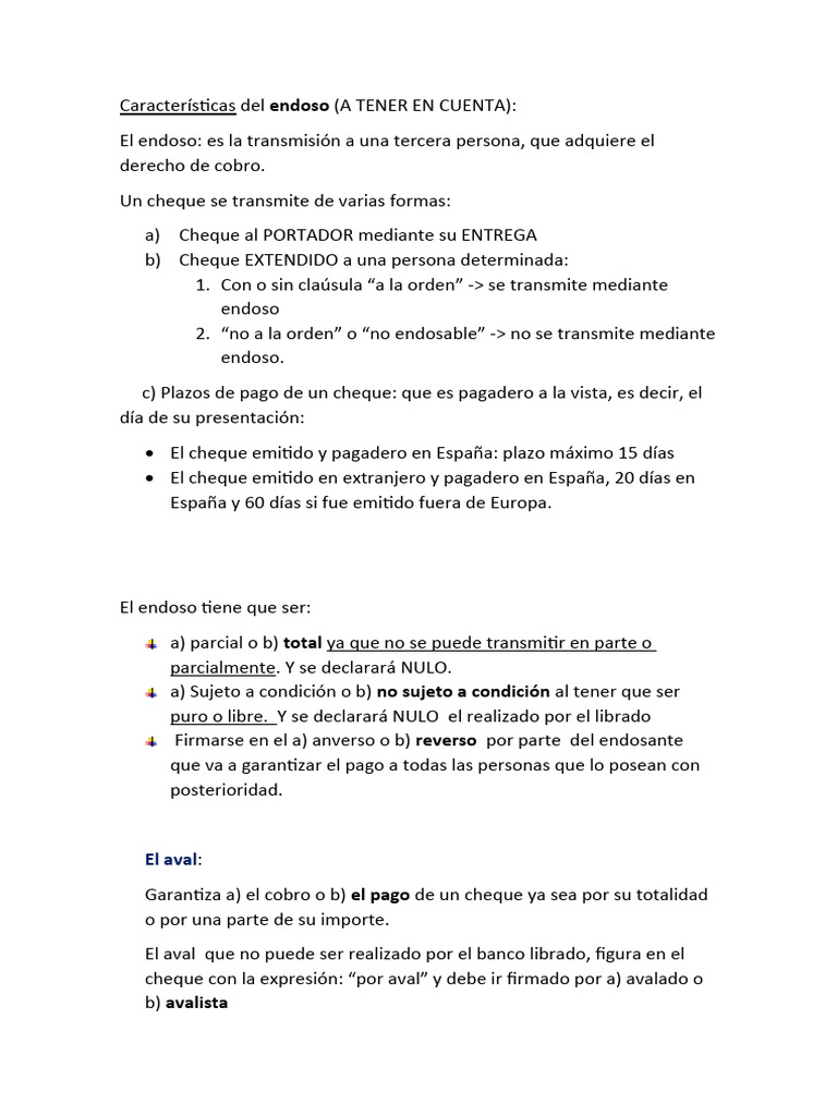Características del Endoso y Cheques | PDF | Cheque | Bancos