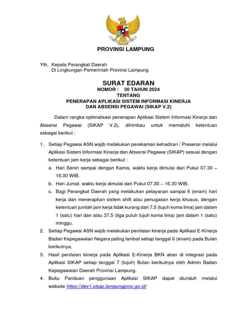 Surat Edaran Penerapan Aplikasi SIKAP | PDF