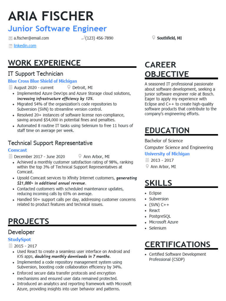 Junior Software Engineer Resume Example | Download Free PDF | Software ...