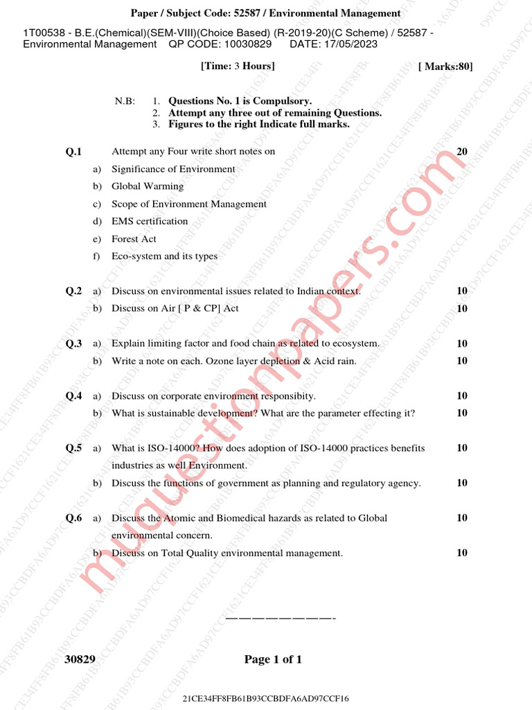 Be Chemical Engineering Semester 8 2023 May Iloc II Environmental Management Rev 2019 C' Scheme ...