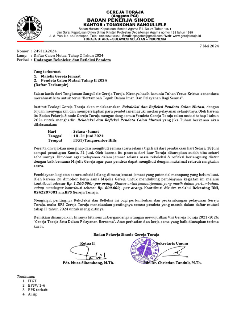 249.I13.2024 Undangan Rekoleksi Dan Refleksi Tahap 2 Tahun 2024 + TOR | PDF