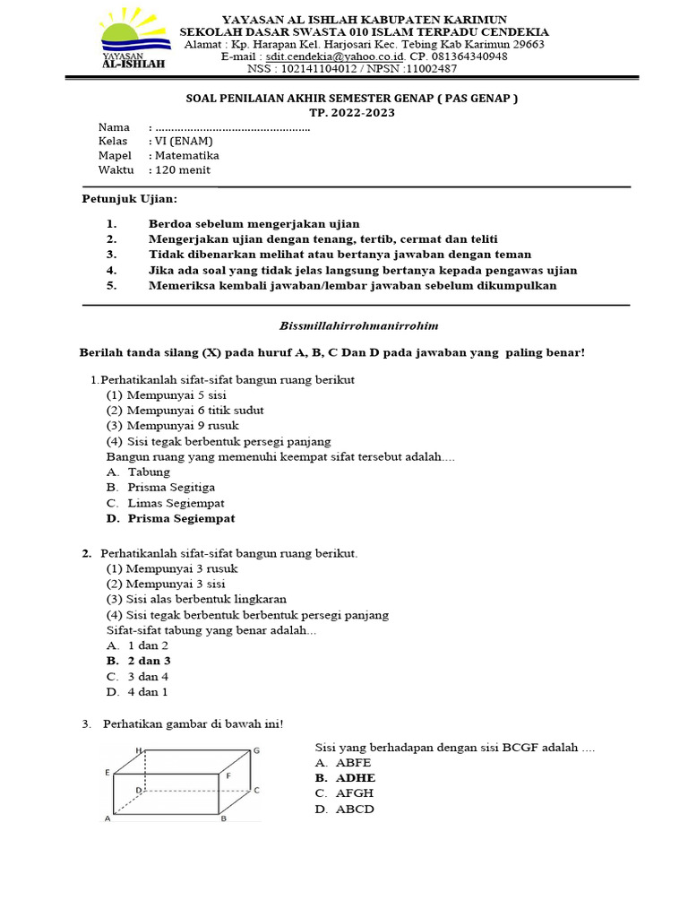 SOAL PAS GENAP KELAS 6 MTK 22-23 Ok1 | PDF | Metode & Bahan Ajar