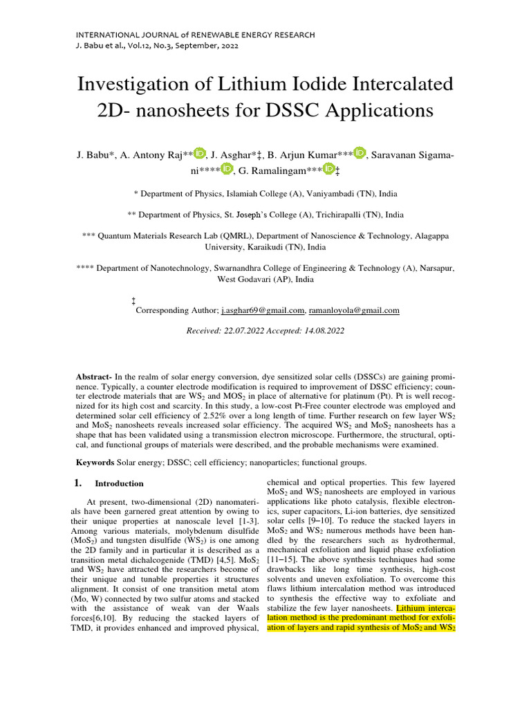 Investigation of Lithium Iodide Intercalated X S2 Nanosheets for DSSC ...