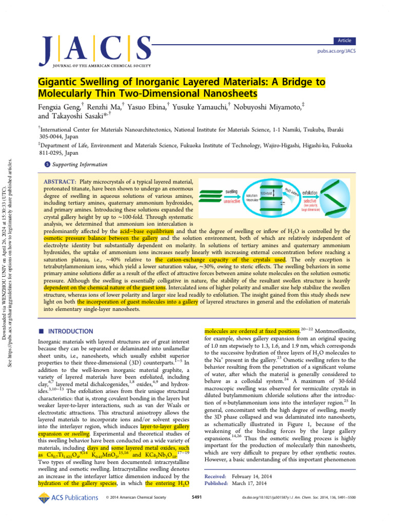 Geng Et Al 2014 Gigantic Swelling of Inorganic Layered Materials A ...