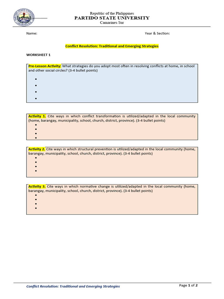 Worksheets 1 2 Conflict Resolution | PDF