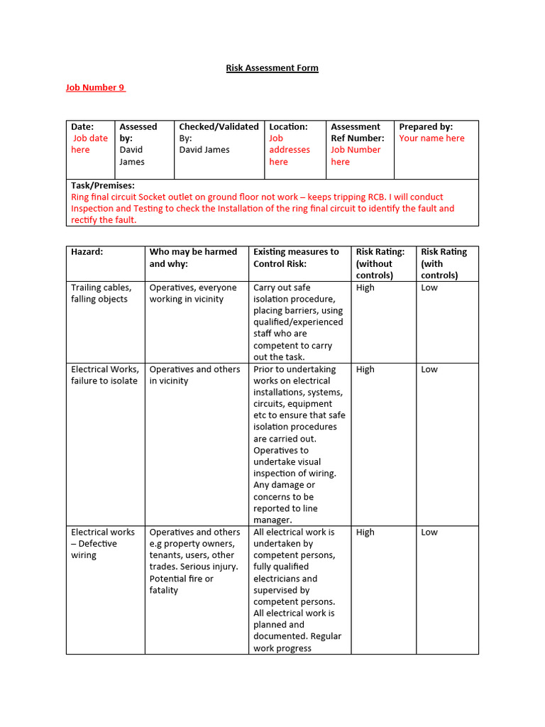 Risk Assessment Form SAMPLE | PDF | Electrician | Electrical Wiring