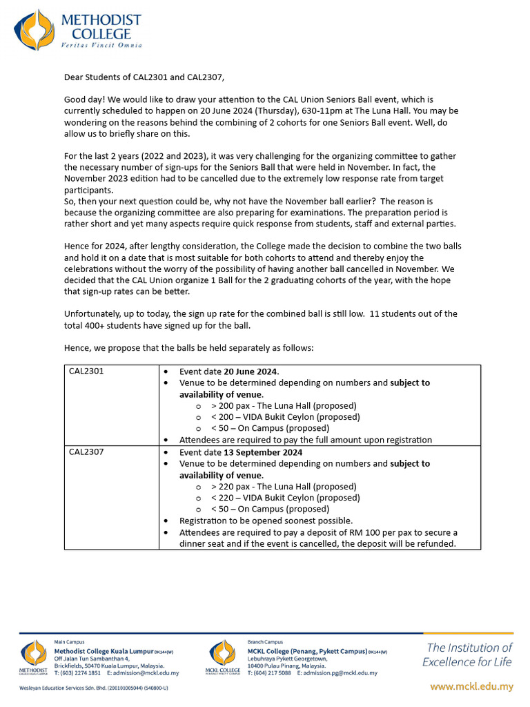 Official Statement to the CAL Union on Seniors Ball 2024 | PDF