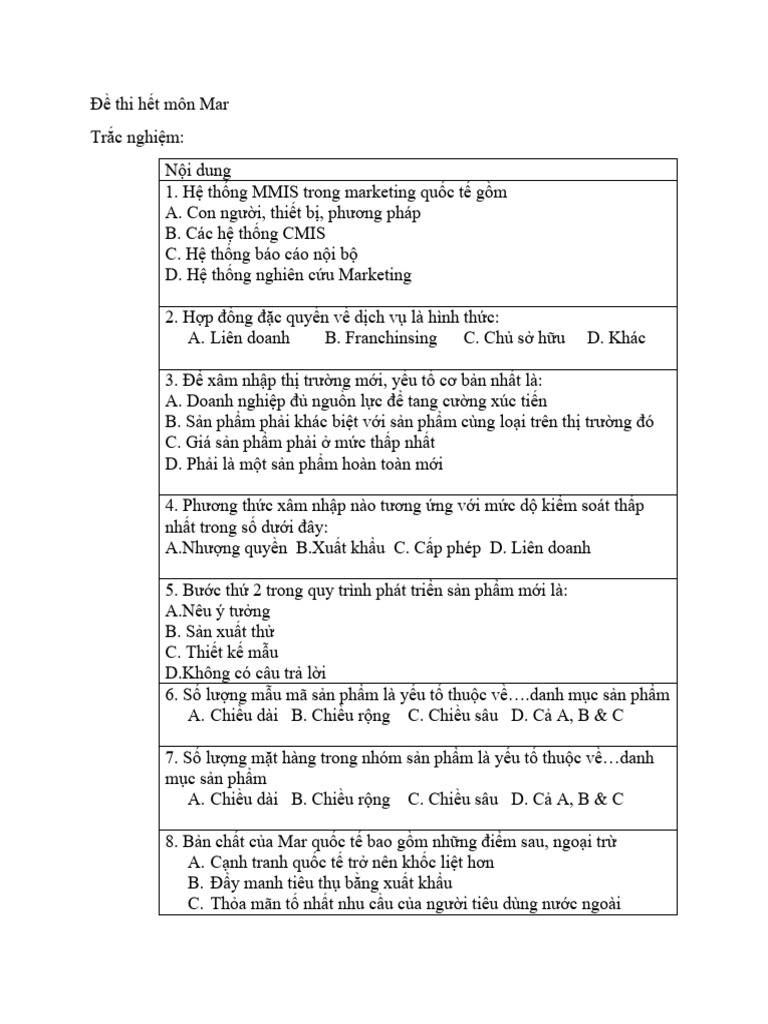 Đề thi hết môn Mar | PDF