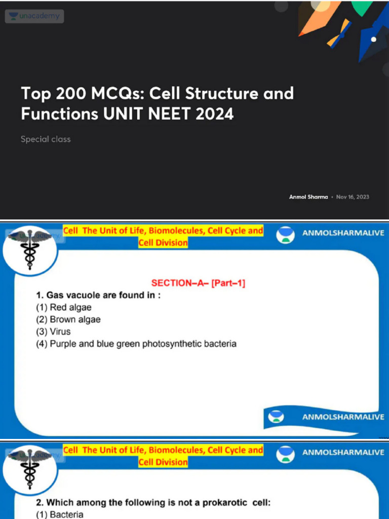 Top 200 MCQs Cell Structure and Functions UNIT NEET 2024 No Anno | PDF