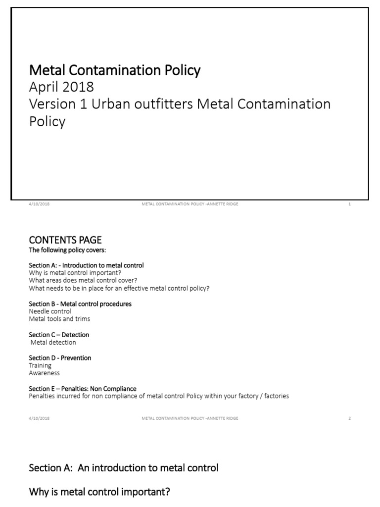 Metal Contamination Control Policy | PDF | Metal Detector | Knife