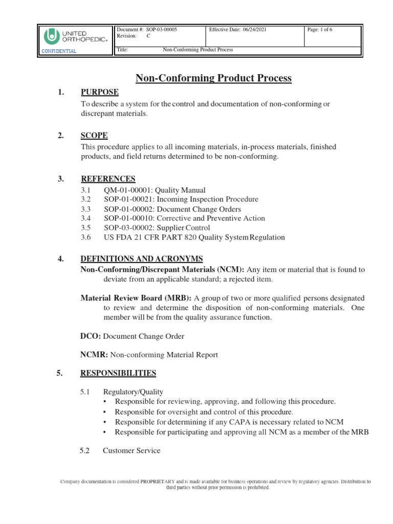 SOP 03 00005 - Rev C - Non Conforming Product Process Training | PDF