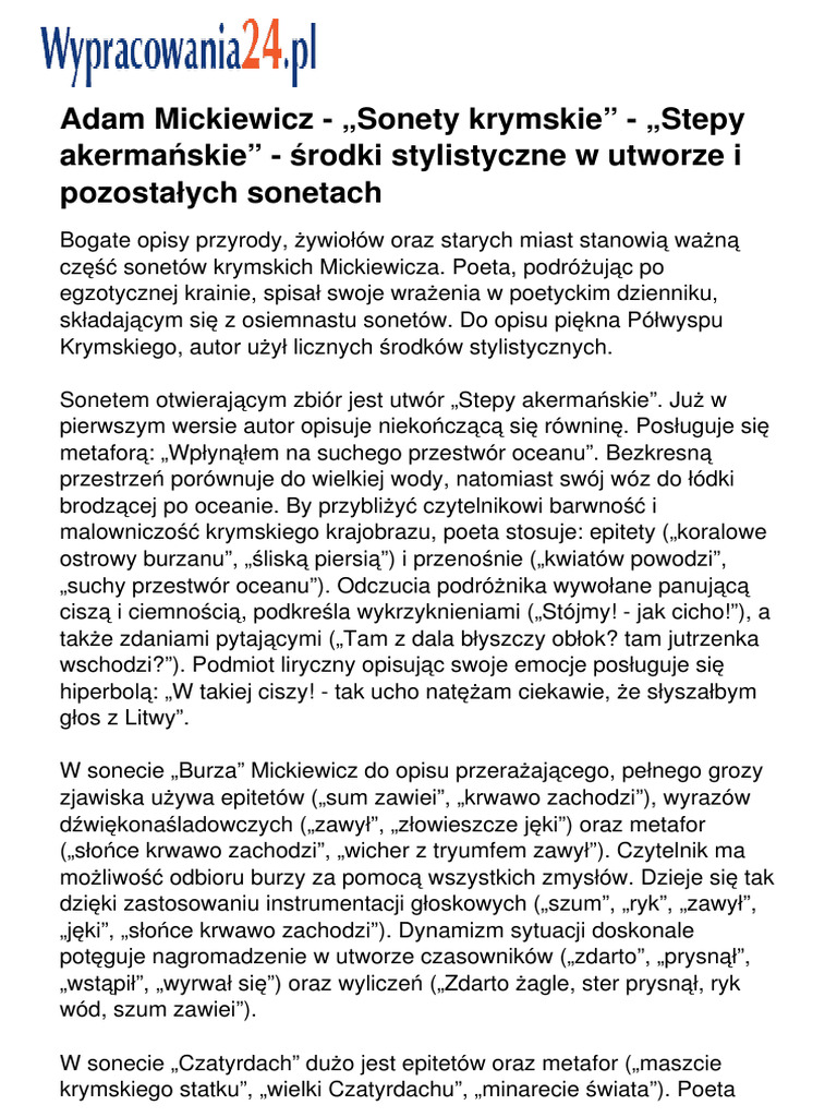 Adam Mickiewicz Sonety Krymskie Stepy Akermanskie Srodki Stylistyczne W ...