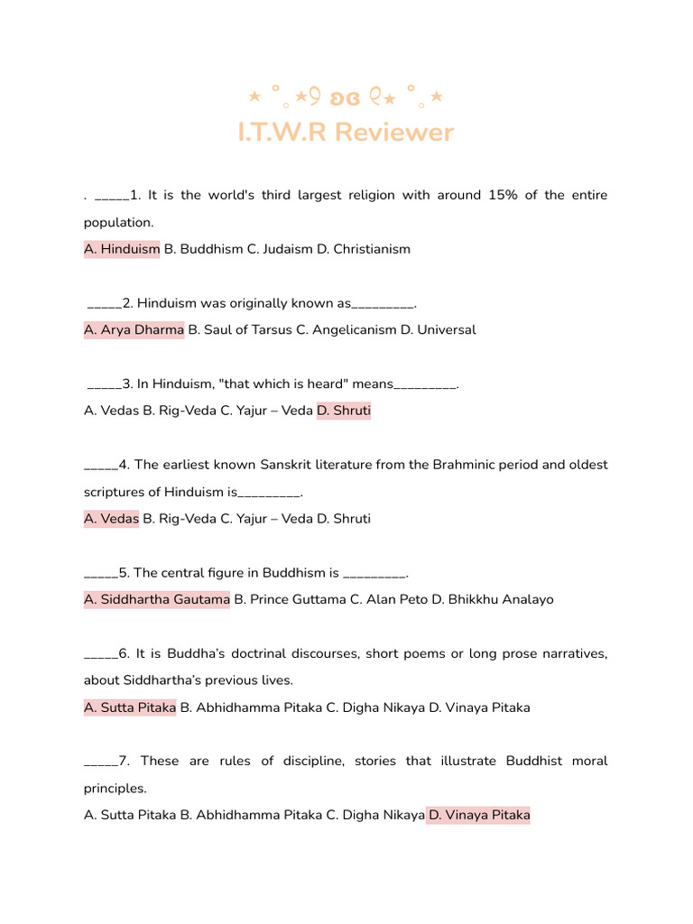 ITWR Reviewer | PDF | Mahayana | Noble Eightfold Path