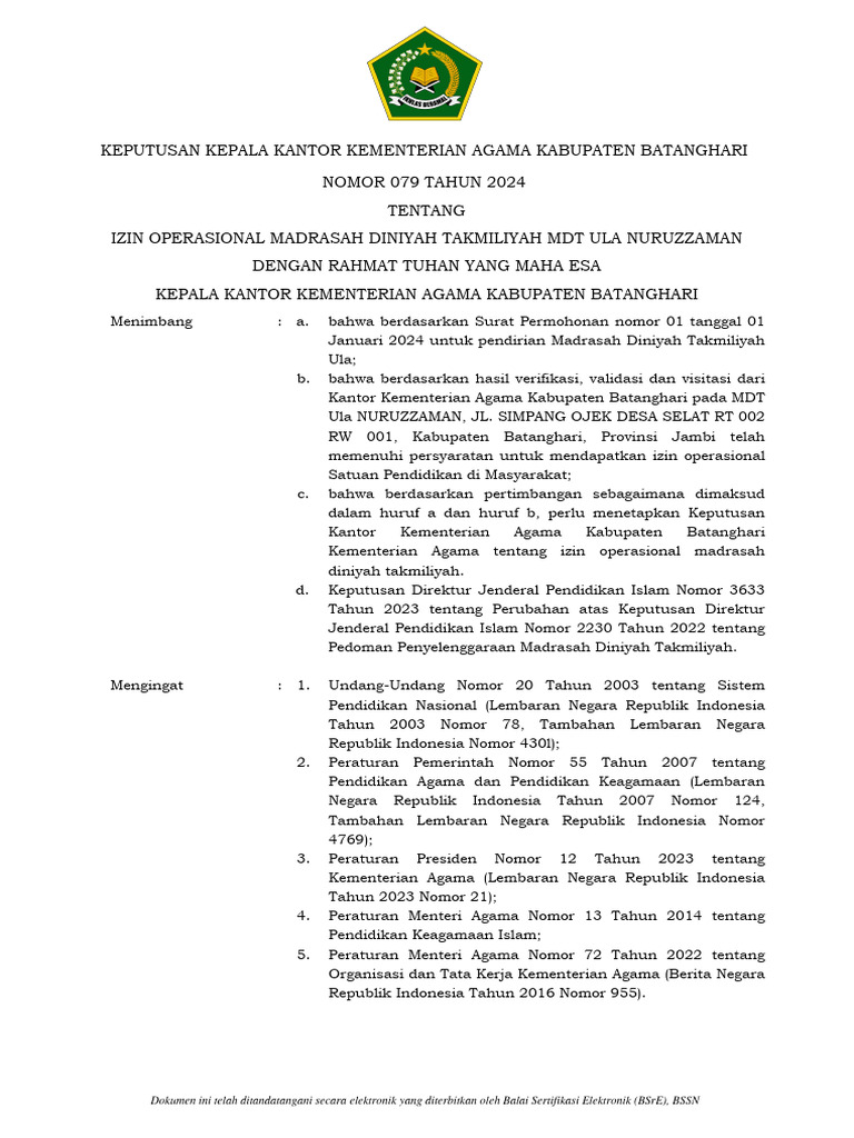 Izin Operasional MDT Ula Nuruzzaman 2024 | PDF