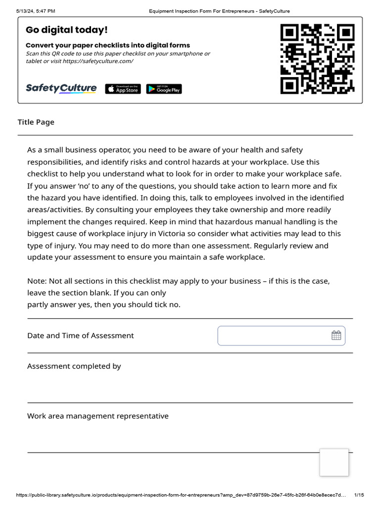 Equipment Inspection Form For Entrepreneurs - SafetyCulture | PDF ...