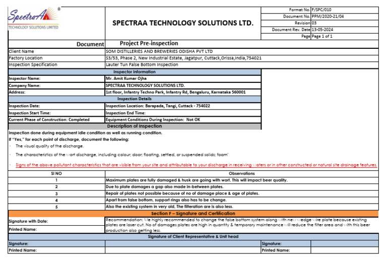 Pre-Inspection Report | PDF | Brewing
