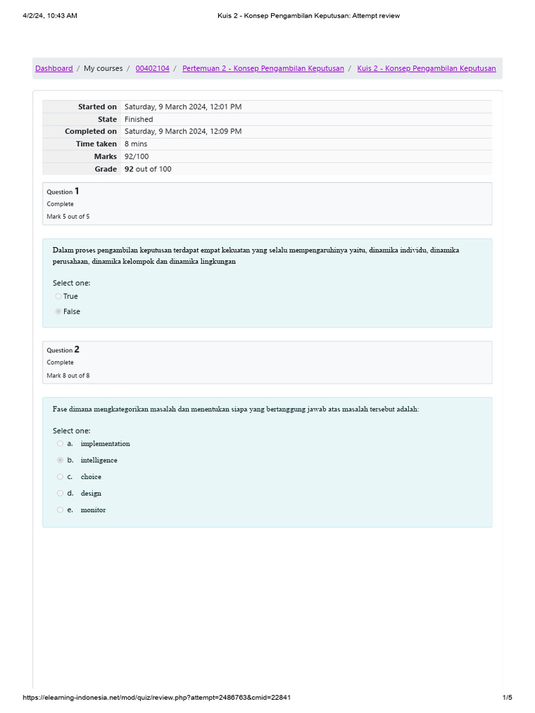 Kuis 2 - Konsep Pengambilan Keputusan - Attempt Review | PDF | Karier & Perkembangan | Komputer