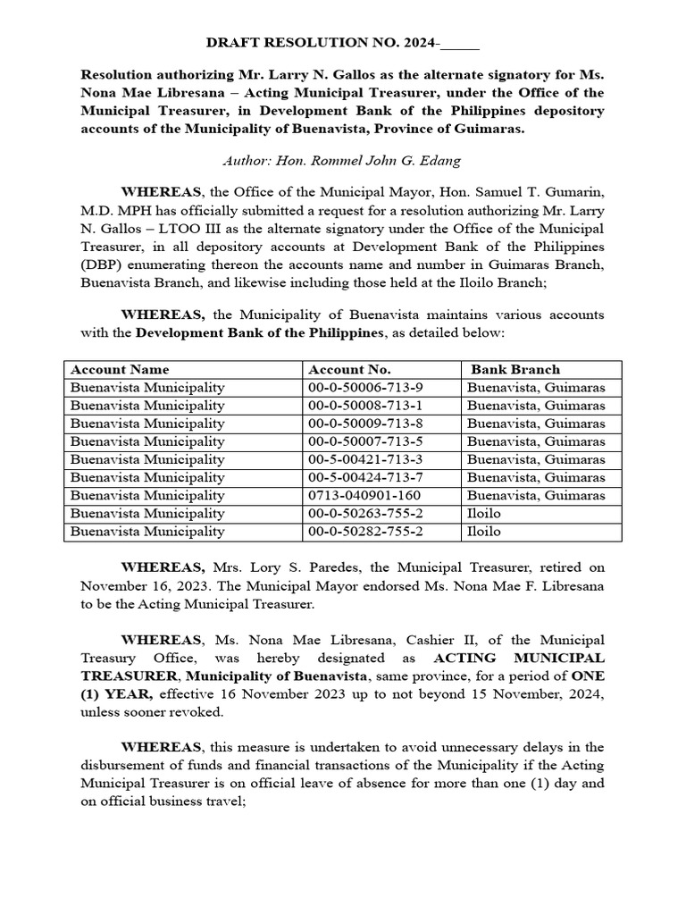 Draft Resolution - Alternate Signatory - gallos-DBP | PDF | Government ...