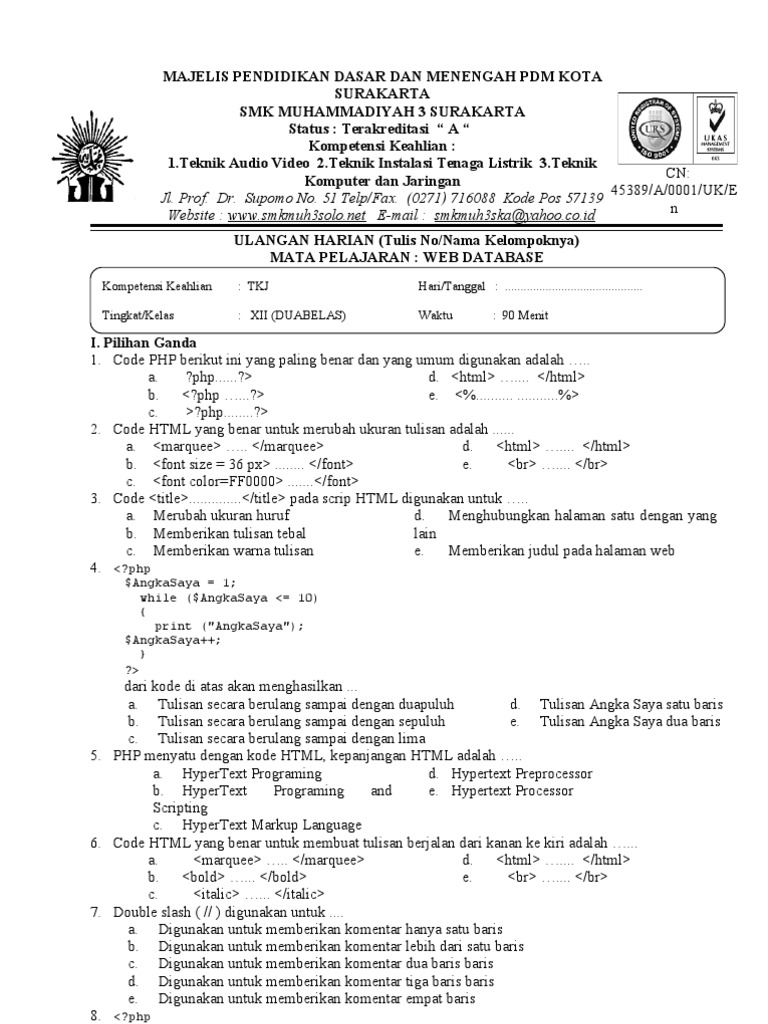 Soal Ulangan Harian Web Database | PDF