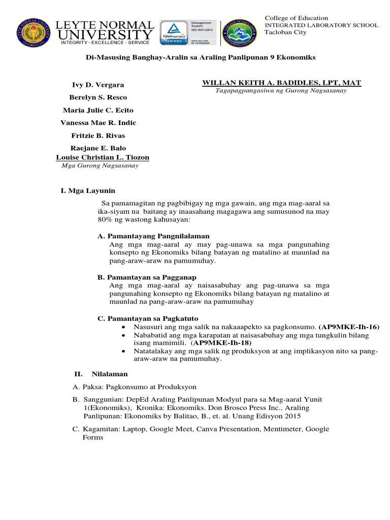 Semi-Detailed-LP - Grade 9 Ekonomiks | PDF