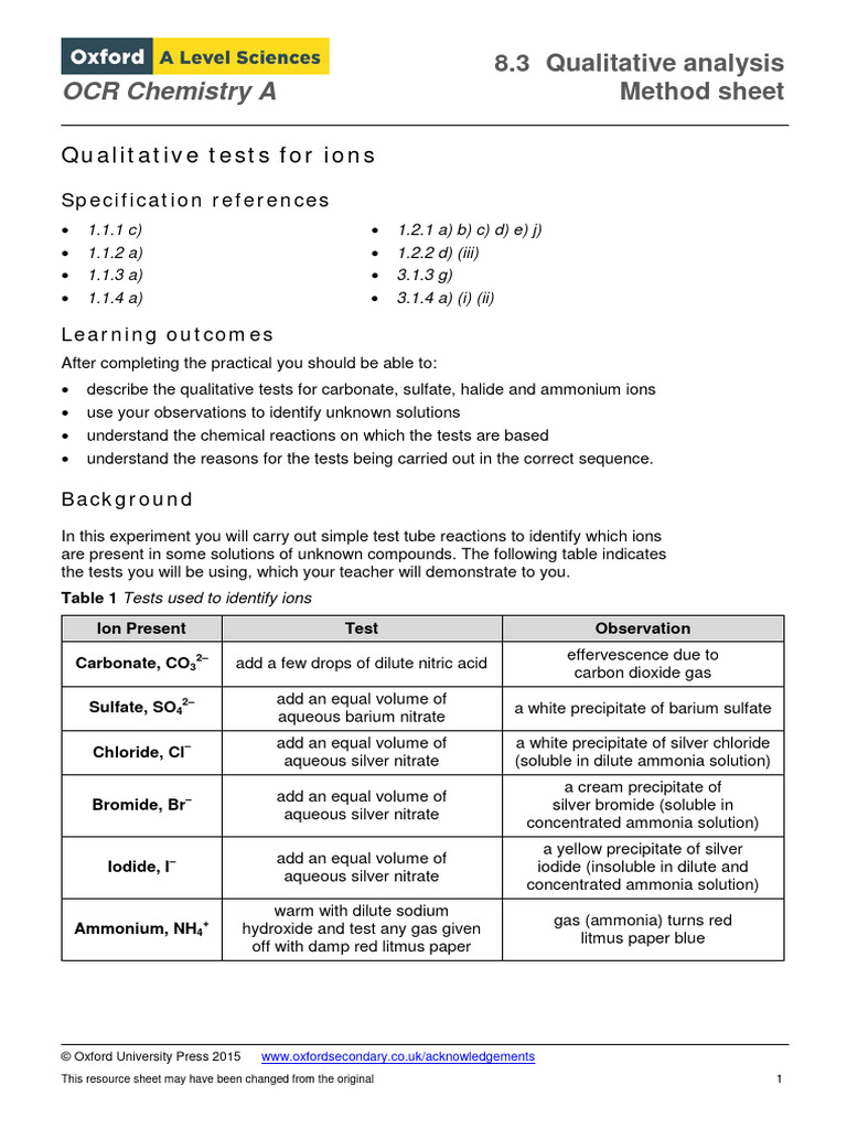 Qualitative Analysis Method for Ions | PDF | Precipitation (Chemistry ...