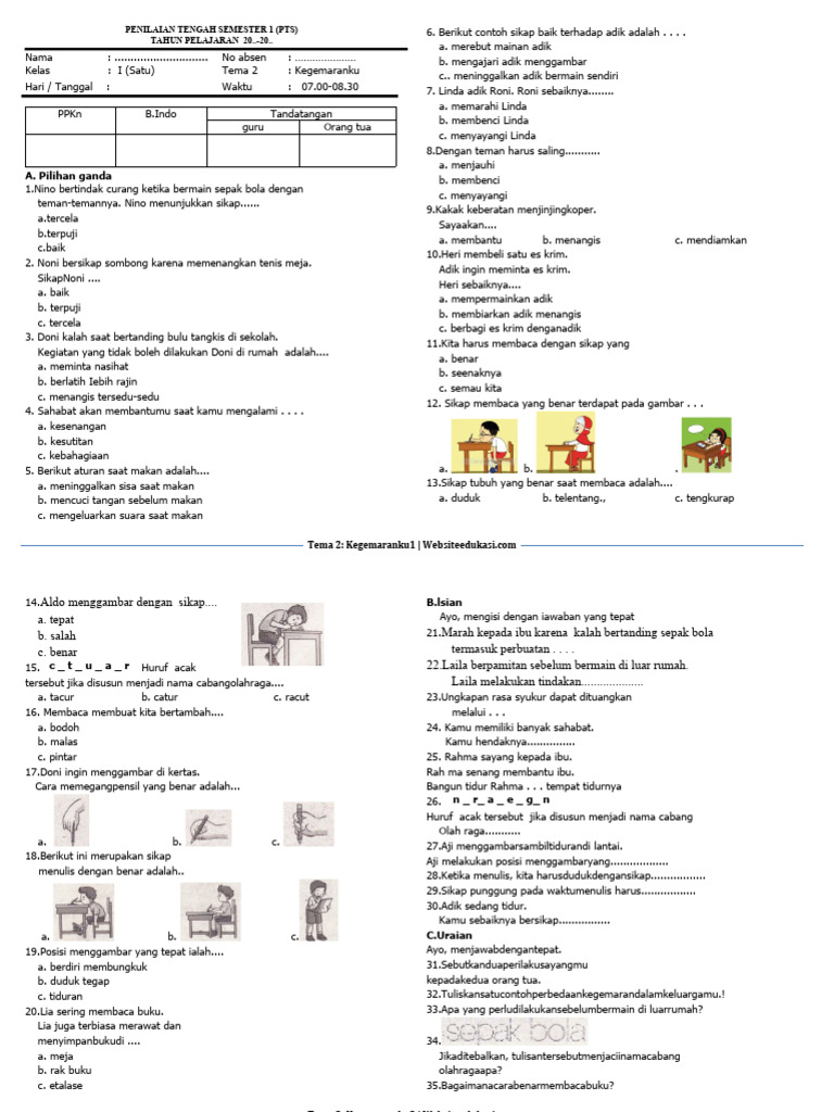 Soal PTS Kelas 1 Tema 2 | PDF