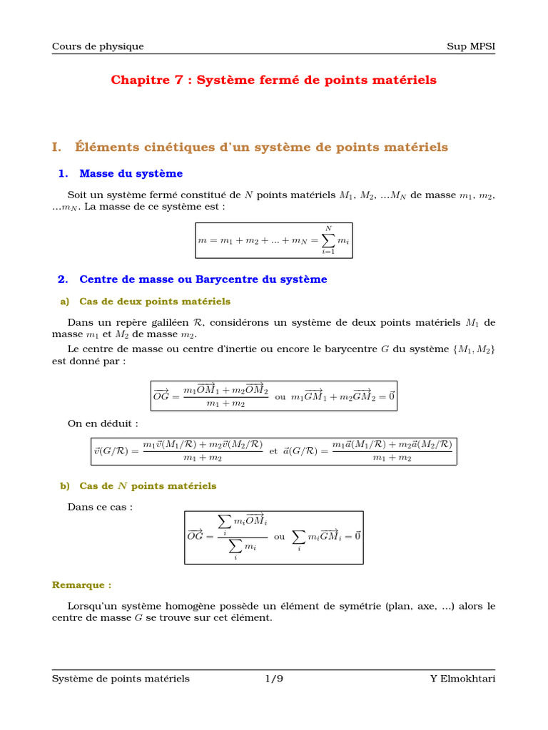 Système fermé de points matériels en physique | PDF | Centre d'inertie ...