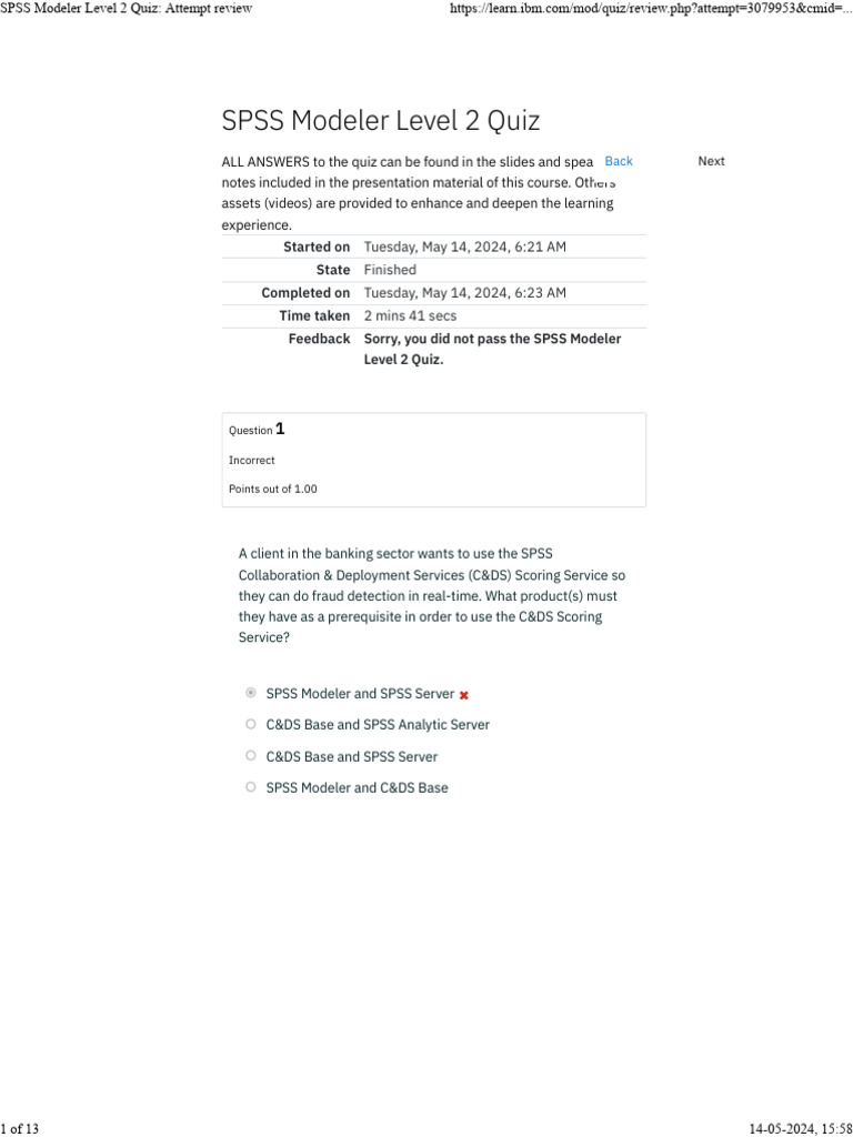 SPSS Modeler Level 2 Quiz Attempt Review | PDF | Spss | Analytics