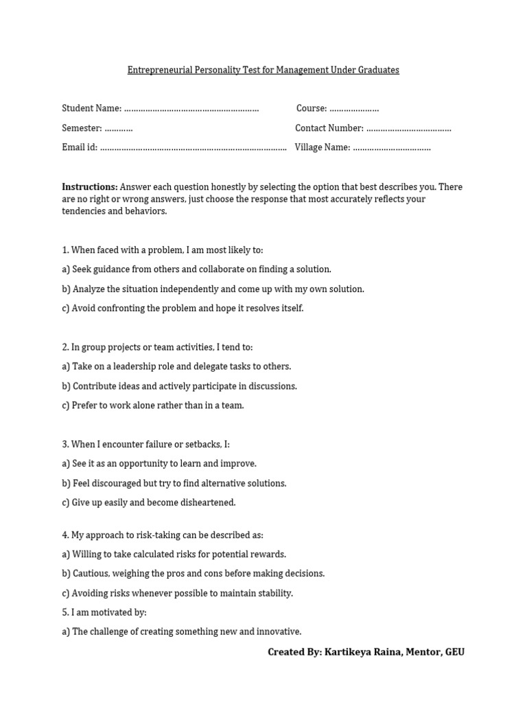 Entrepreneurial Personality Test For BBA Students | PDF ...
