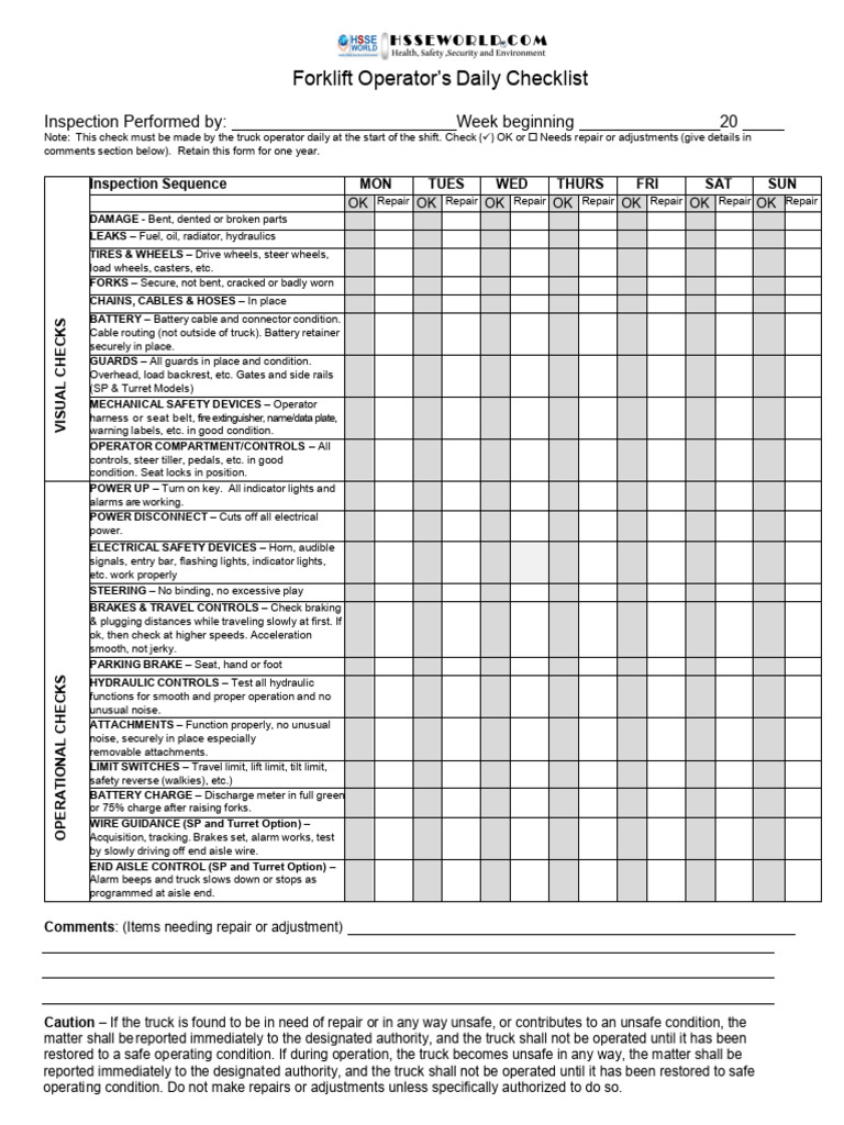 Daily Forklift Operator Checklist | PDF | Truck | Forklift