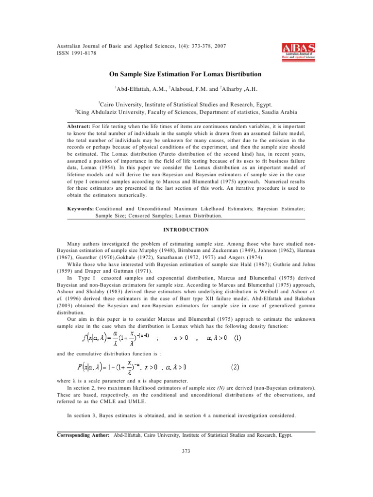 On Sample Size Estimation For Lomax Disrtibution Pdf Bayesian Inference Estimator