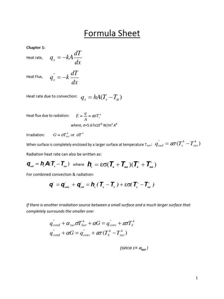 314-Formula Sheet | PDF | Heat Transfer | Thermal Insulation