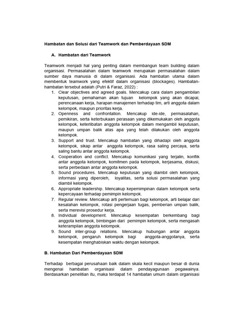 Hambatan Dan Solusi Dari Teamwork Dan Pemberdayaan SDM | PDF | Karier & Perkembangan | Bisnis