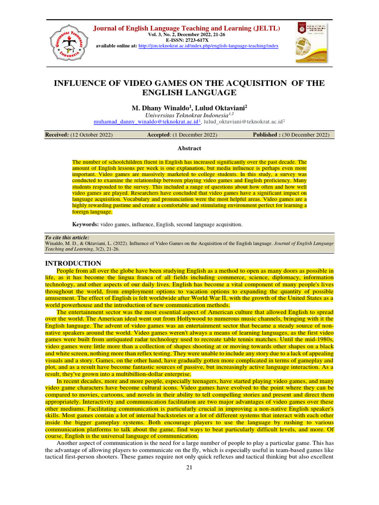 Influence of Video Games On The Acquisition of The English Language ...